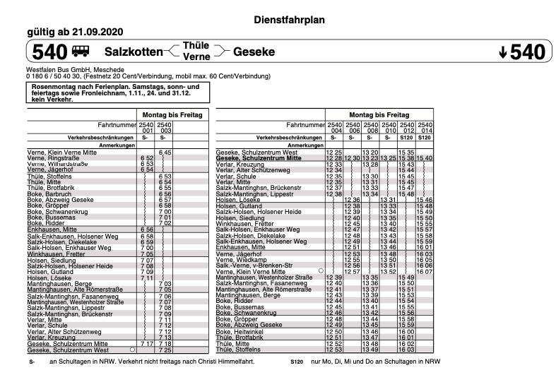 Änderung des Fahrplans Linie 540